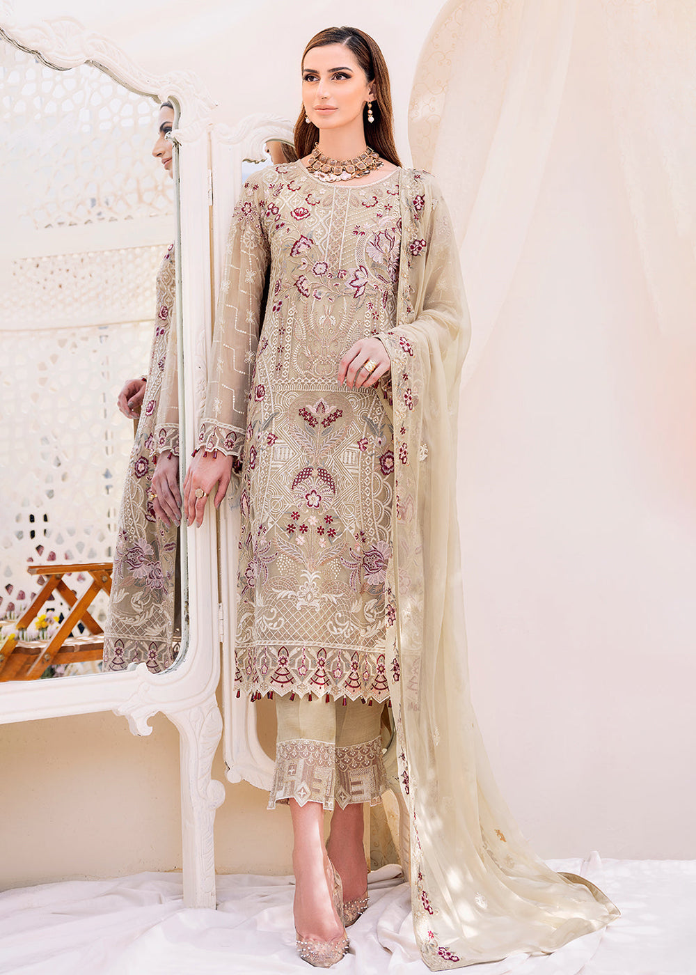 Buy Beige Embroidered Suit - Ramsha Chiffon Vol 23 - #F-2306 – Empress ...