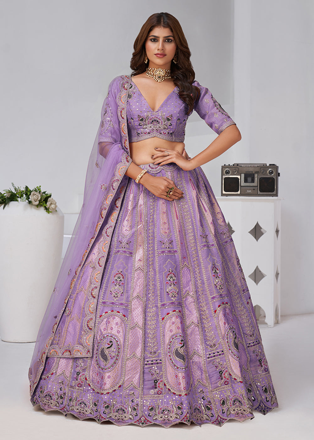 Traditional Lehenga Choli - Purple Peacock Paisley Motif Lehenga Choli ...
