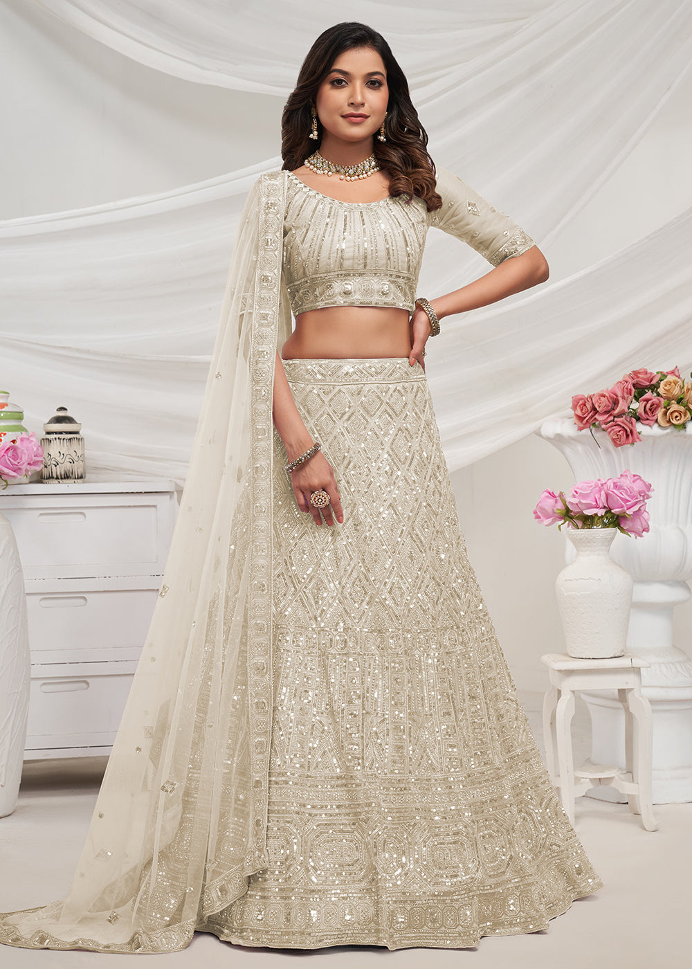 Buy Bridal Lehenga - Pearled Ivory White Heavy Embroidered Lehenga ...