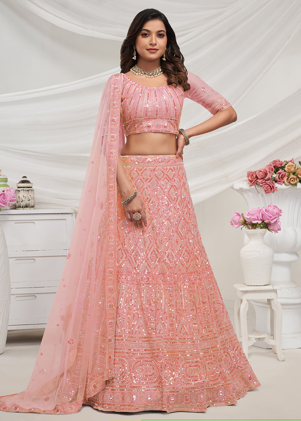 Buy Bridal Lehenga - Pearled Peach Heavy Embroidered Lehenga Choli ...