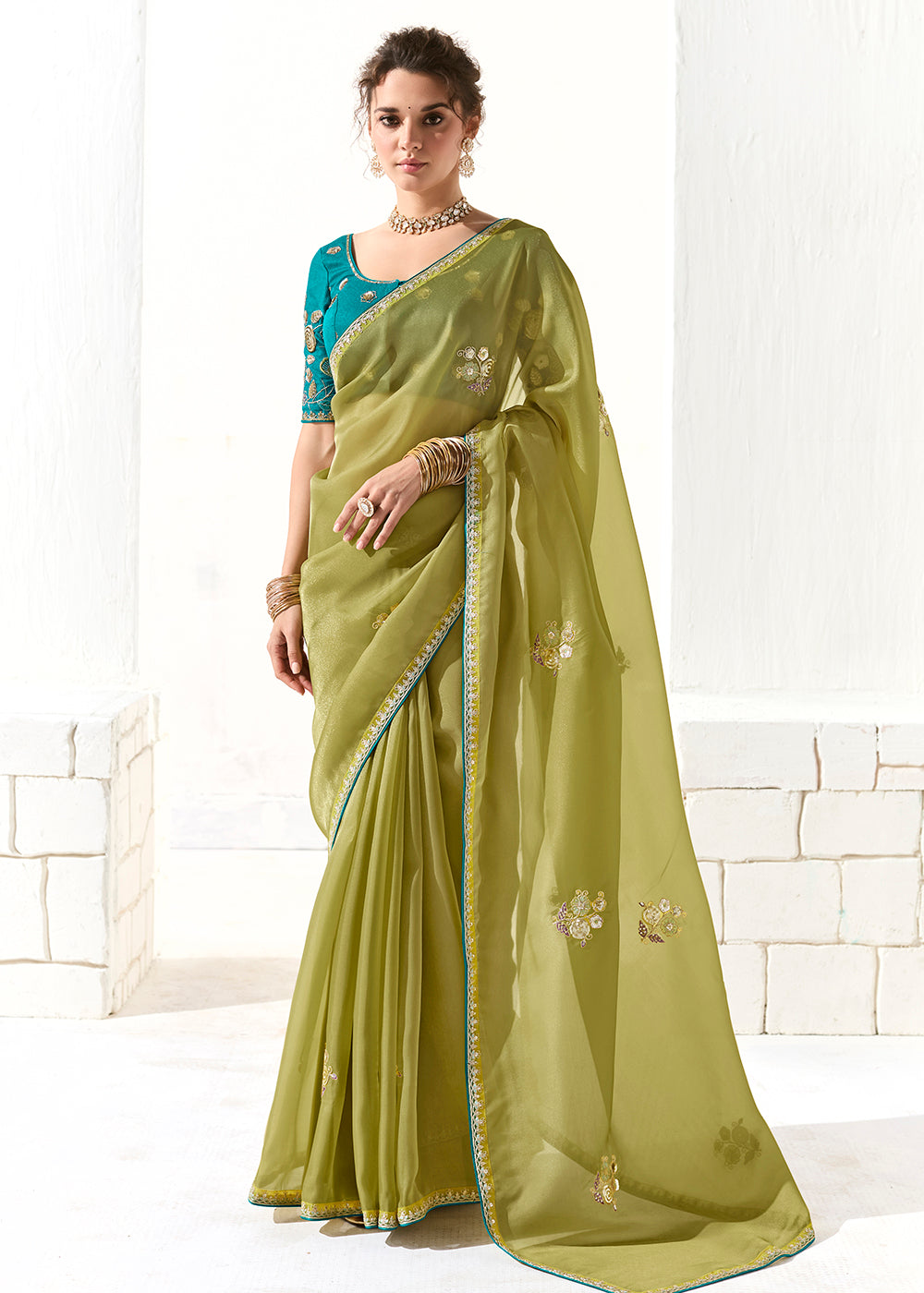 Buy Fabulous Pista Green Organza Tissue Embroidered Designer Saree ...