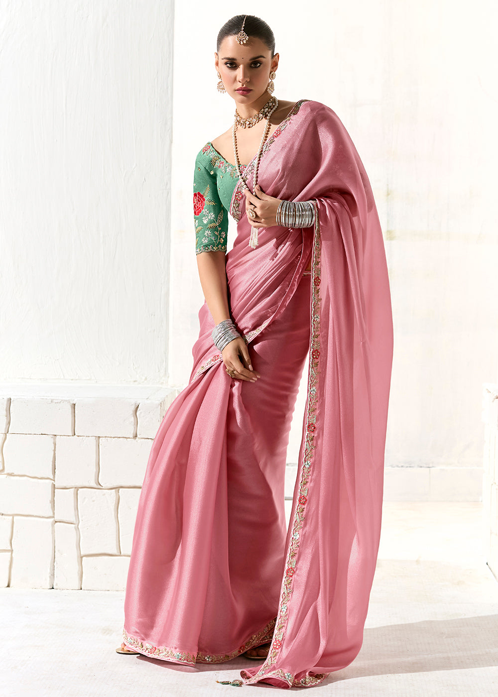 Buy Fabulous Carnation Pink Organza Tissue Embroidered Designer Saree ...