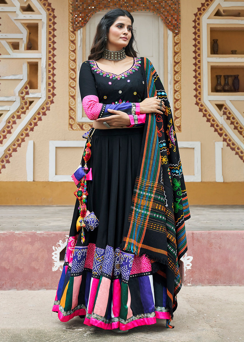 Buy Black Embroidered with Mirror Work Chaniya Choli for Navratri ...