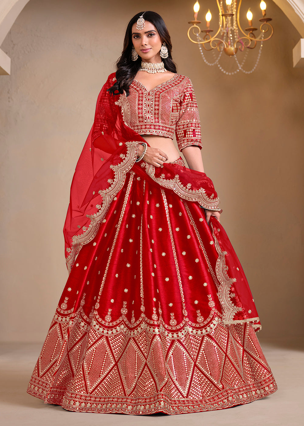 Buy A Line Lehenga Choli - Wedding Wear Red Embroidered Lehenga Choli ...