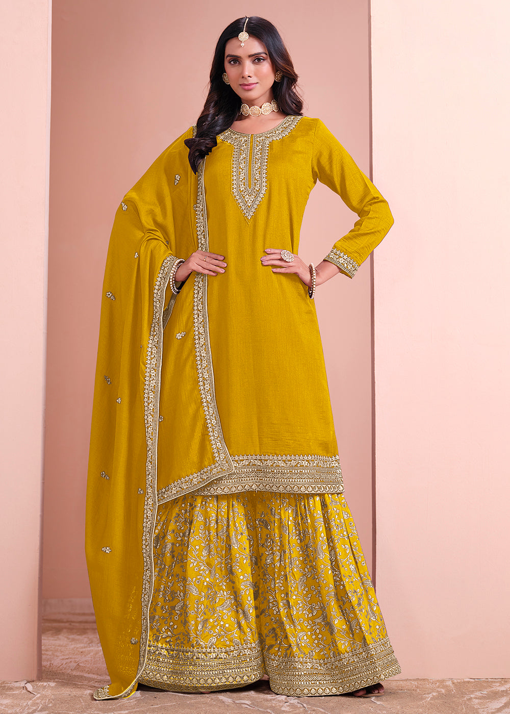 Buy Gharara Style Suit US - Art Silk Yellow Embroidered Gharara Suit ...