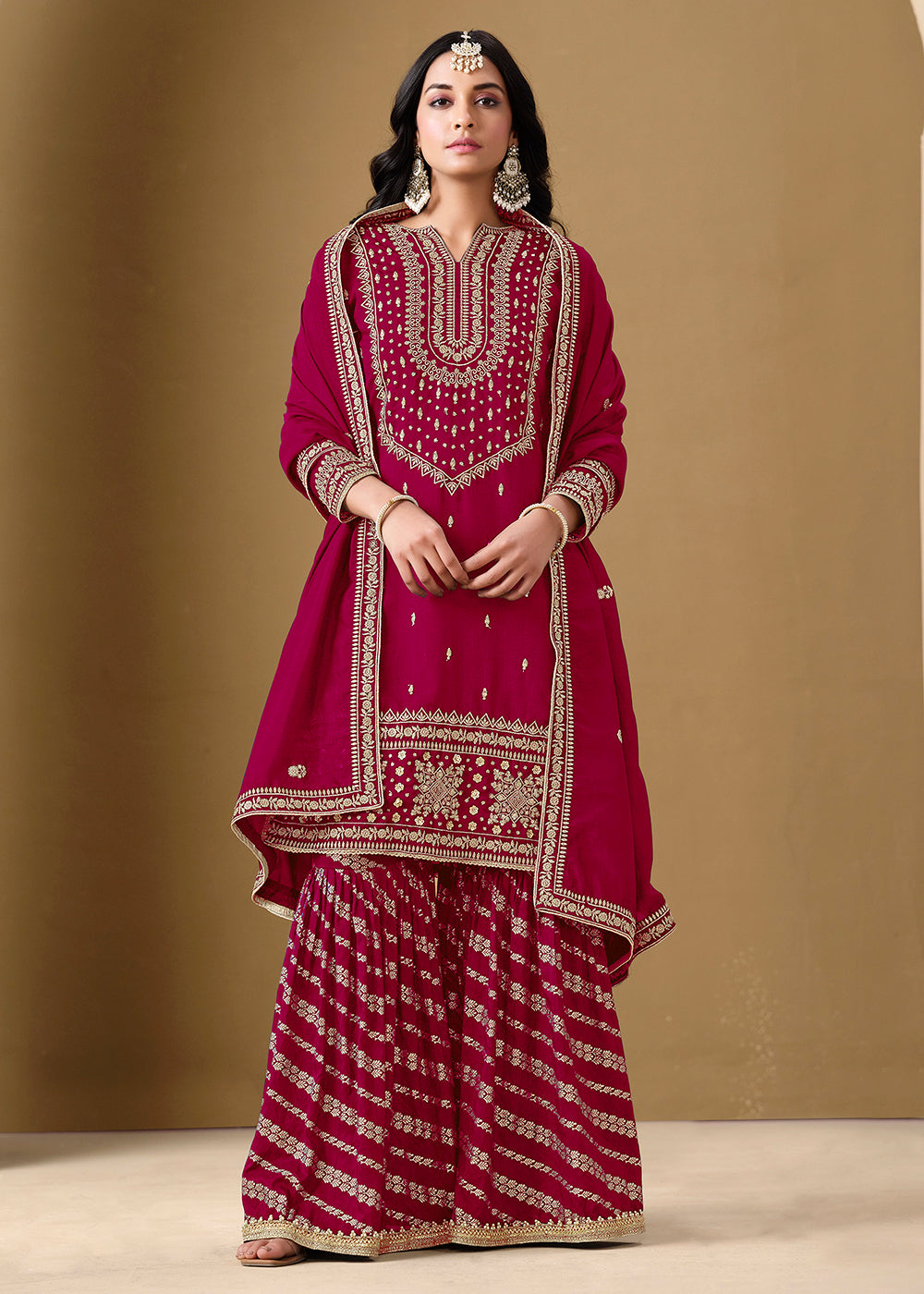 Buy Gharara Style Suit - Pink Color Embroidered Art Silk Gharara Suit ...