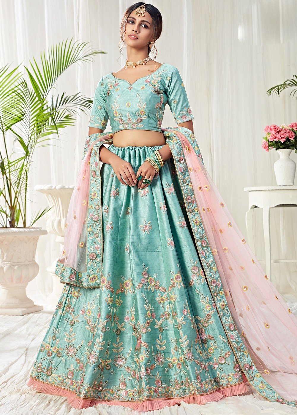 Buy Ice Blue Frilled Embroidered Art Silk Lehenga Choli – Empress Clothing