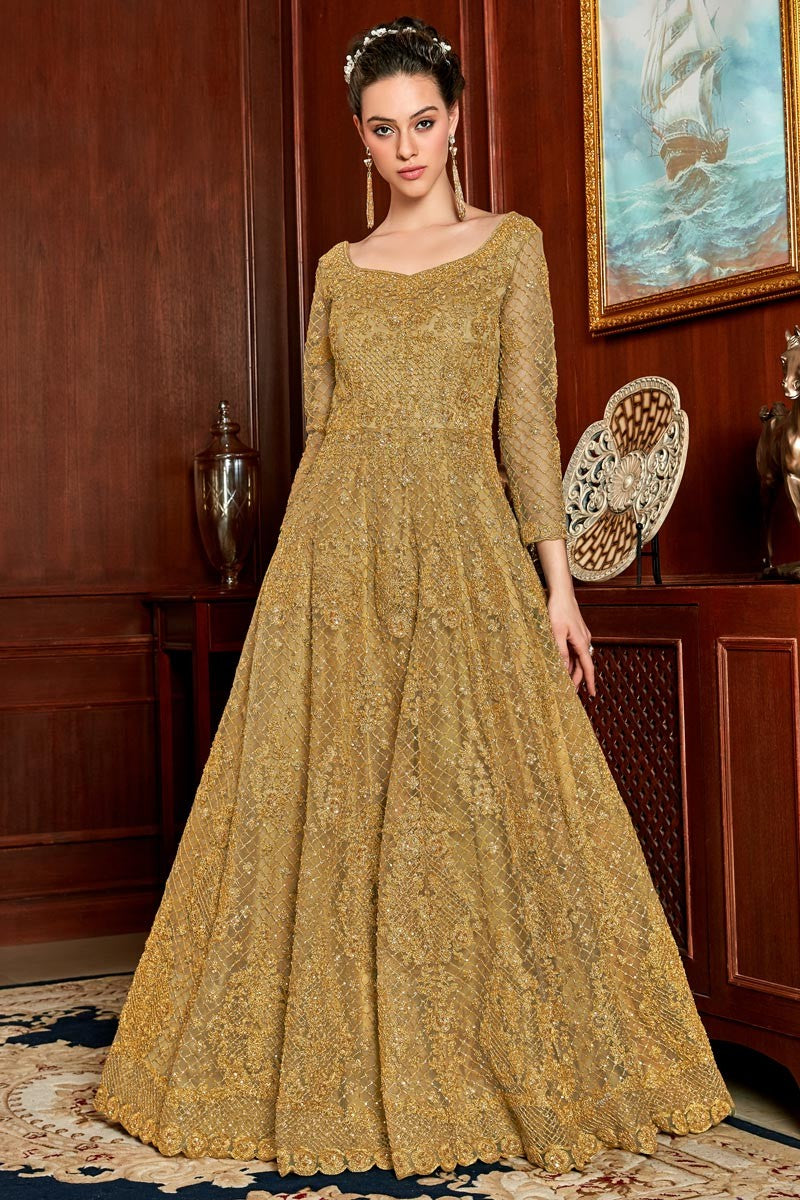 Buy Beige Color Fancy Net Embroidered Anarkali Suit – Empress Clothing