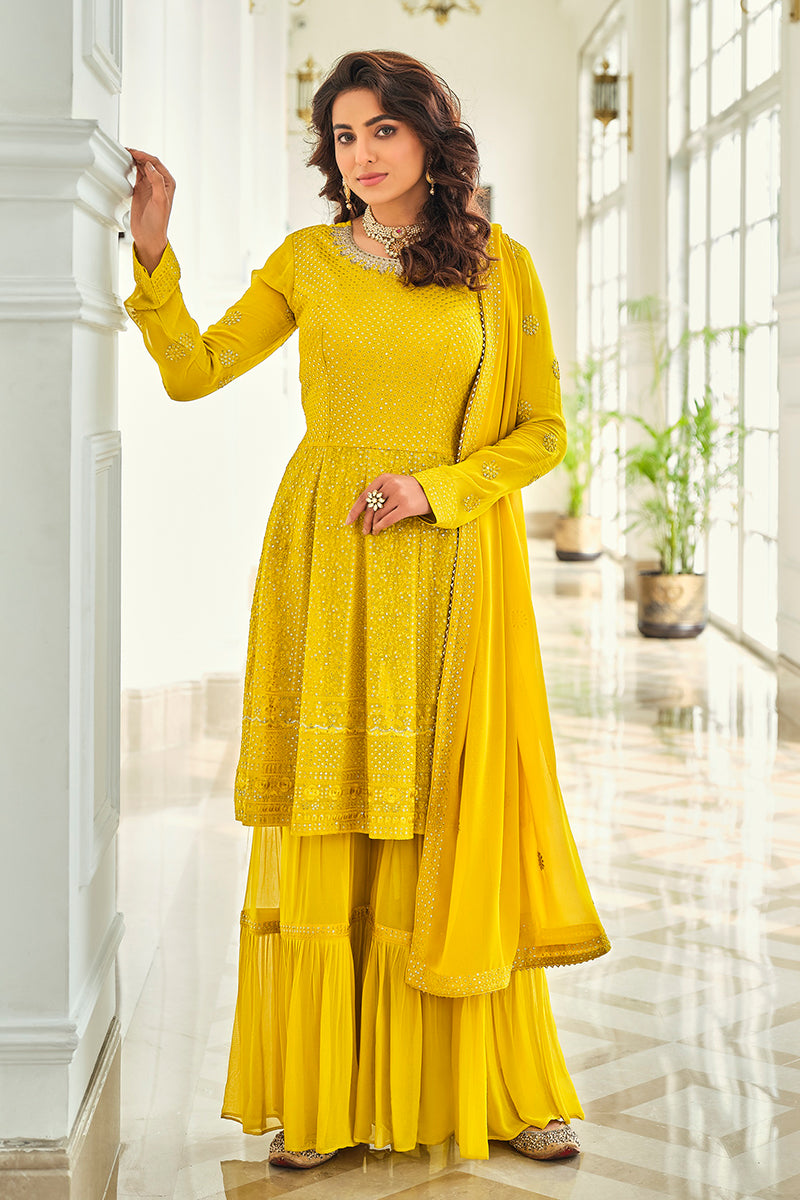 Buy Attractive Yellow Gharara Style Suit - Embroidered Peplum Suit ...
