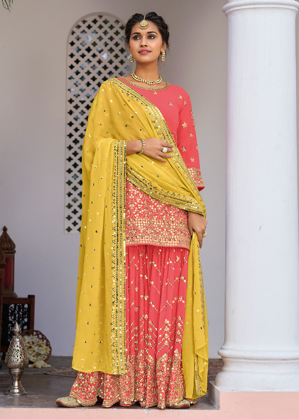 Buy Peach and Gold Embroidered Sharara - Designer Sharara Suit ...