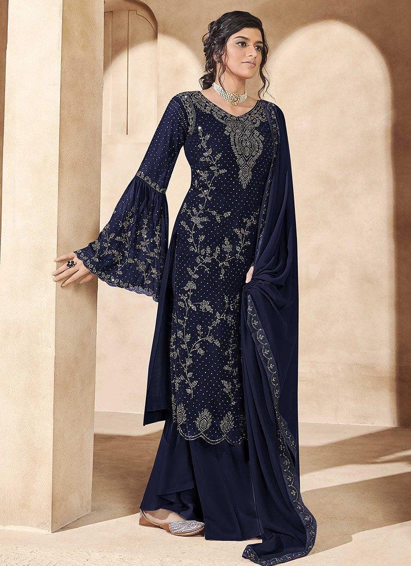 Buy Navy Blue Swarovski Suit - Embroidered Palazzo Suit – Empress Clothing