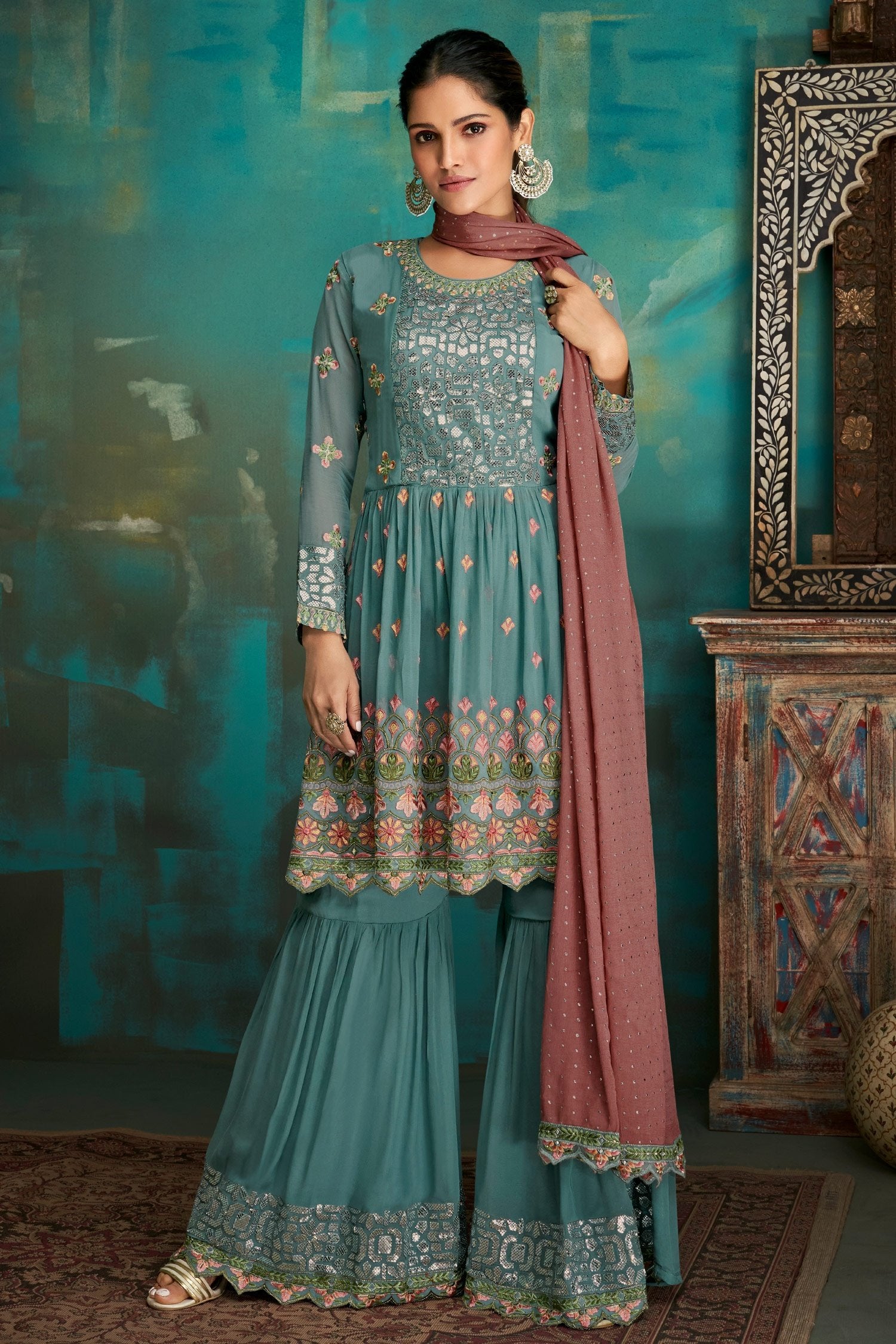 Buy Gharara Style Dusty Blue Sharara - Embroidered Sharara Suit ...