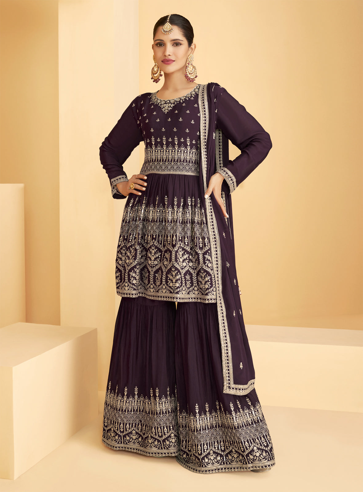 Buy Designer Deep Purple Georgette Sharara - Pakistani Sharara Suit ...