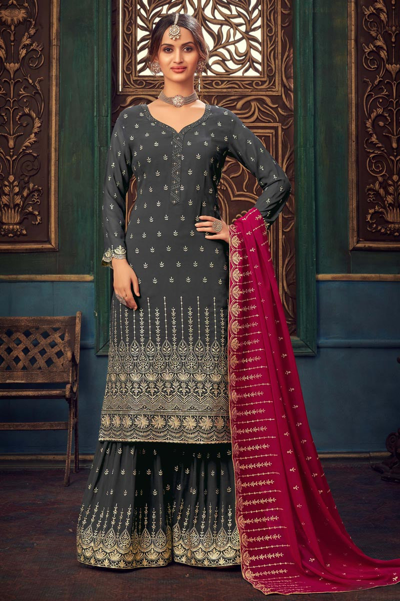 Buy Charcoal Grey Faux Georgette Sharara - Pakistani Sharara Suit ...