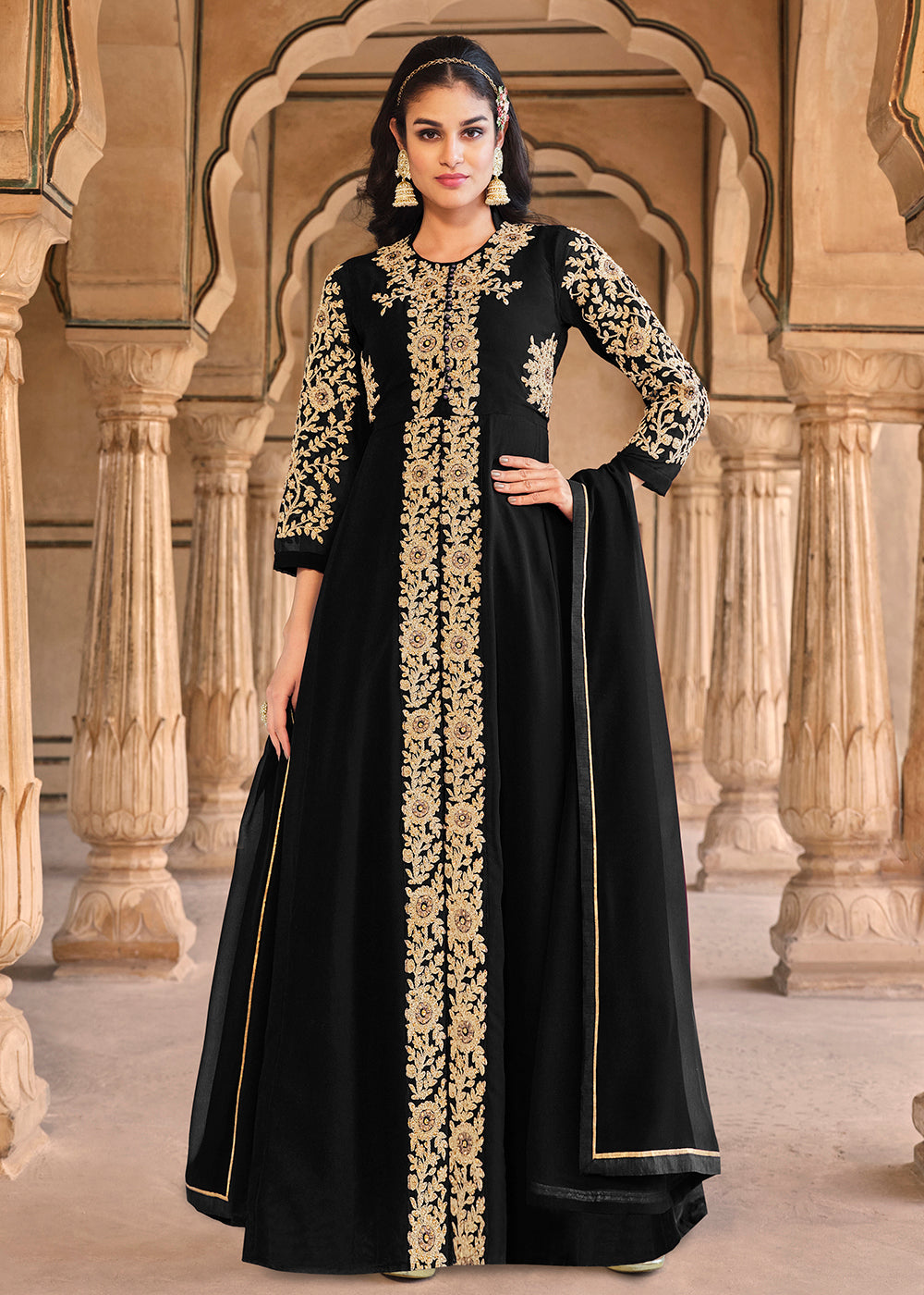 Buy Slit Style Anarkali Suit - Stone Embroidered Divine Black Suit ...