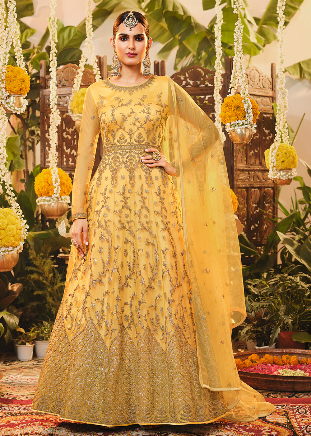 Buy Beautiful Haldi Yellow Anarkali - Designer Floor Length Anarkali ...
