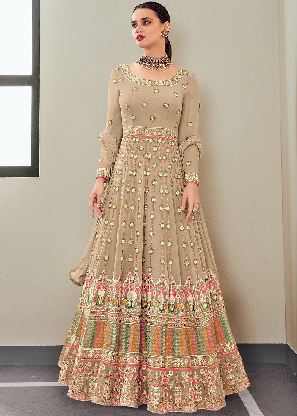 Buy Demure Beige Multi Thread Anarkali - Embroidered Anarkali Suit ...
